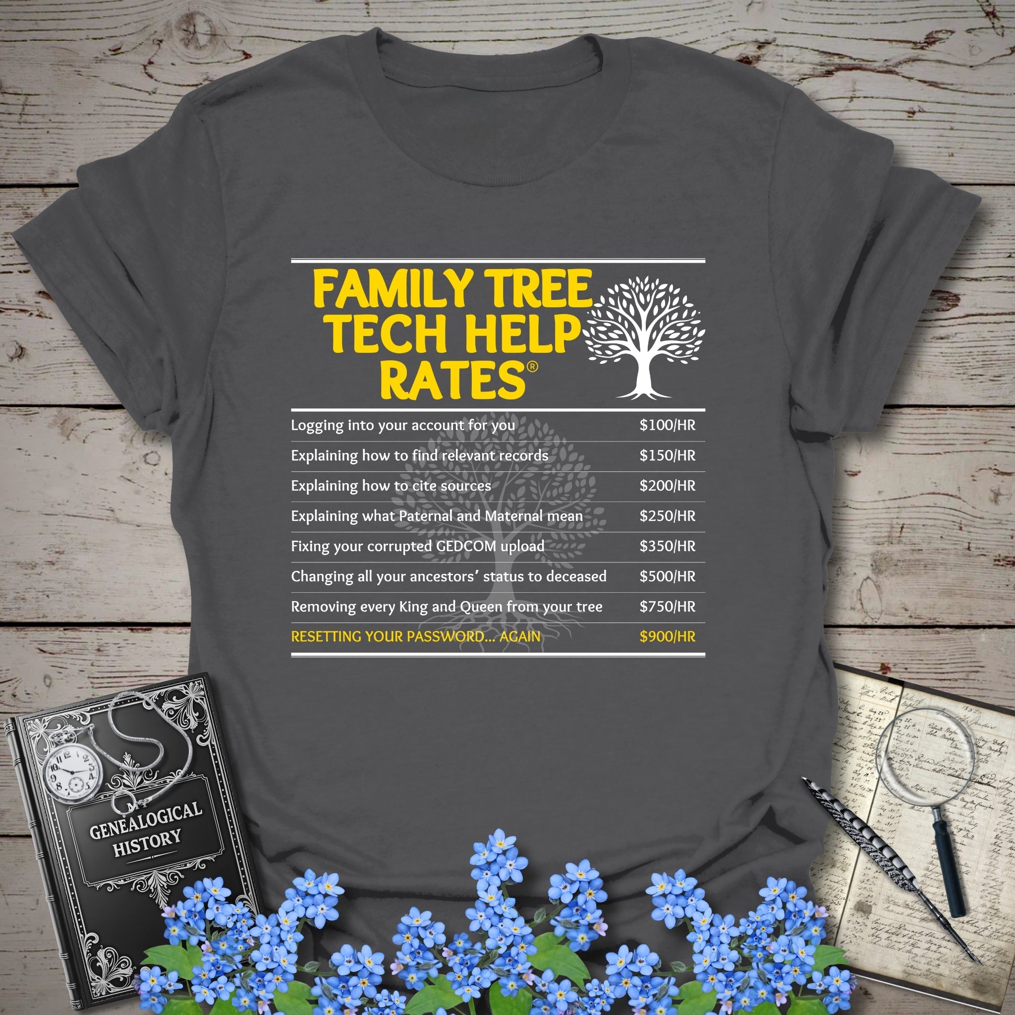 Tech Support Rates Tee for Family Tree Geeks – Genealogy Keepsakes
